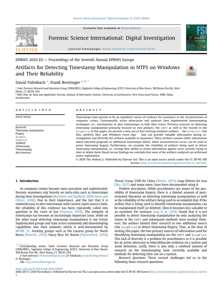 Artifacts For Detecting Timestamp Manipulation in | PDF | Computer File | Computer Forensics