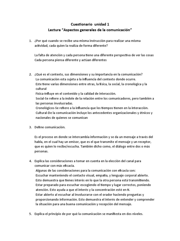 Cuestionario de Lectura Unidad 1 | PDF | Comunicación | Comunicación humana
