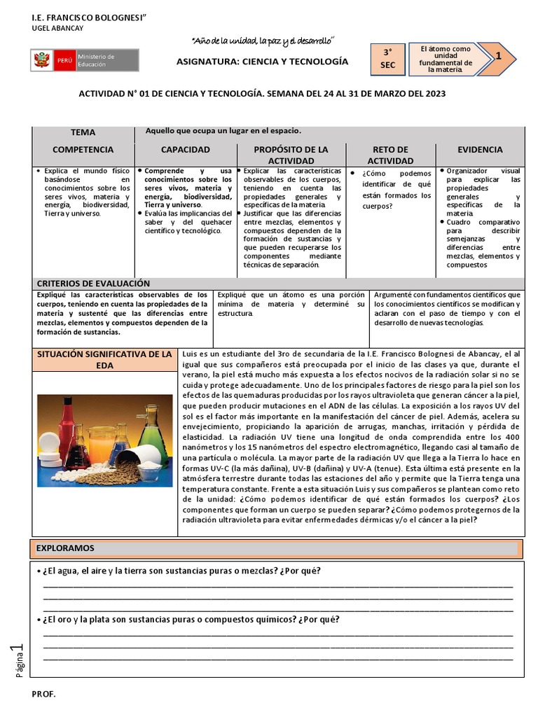 3° SEC. UNIDAD 1 SEMANA 1 CYT EXPLICA 2023 Aquello Que Ocupa Un Lugar en El Espacio | PDF