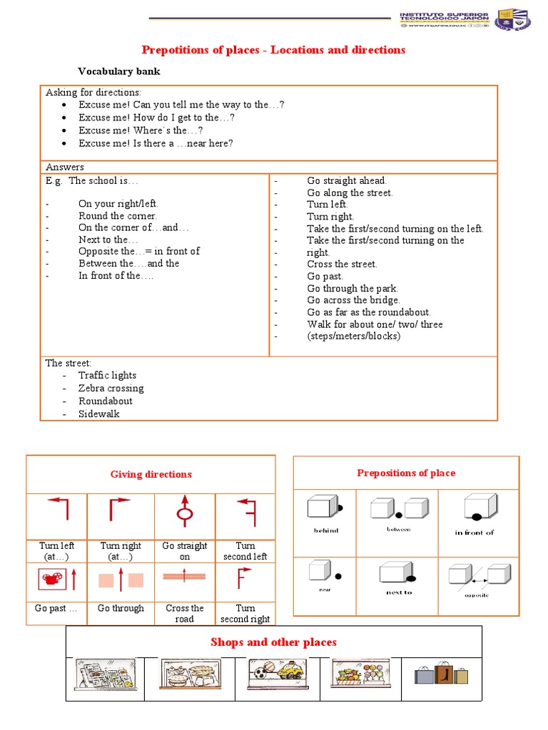 8 Prepositions of Place - Locations and Directions | PDF