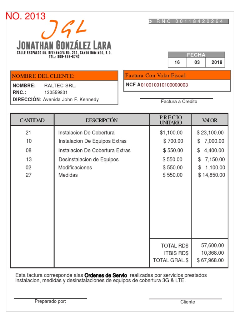Nombre Del Cliente: Factura Con Valor Fiscal: Raltec SRL | PDF