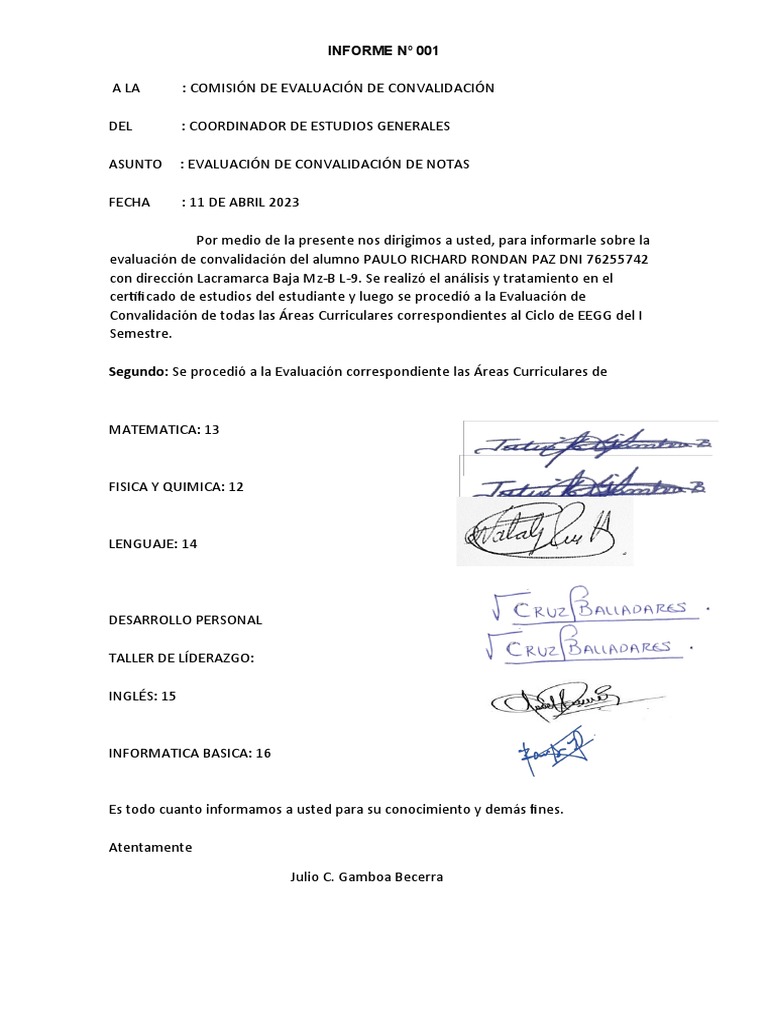 Resultados de la evaluación de convalidación de notas del estudiante Paulo Richard Rondan Paz | PDF