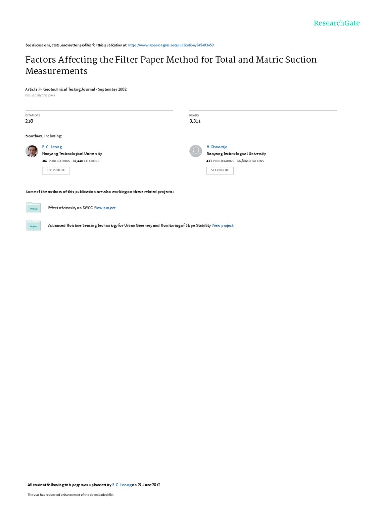 Factors Affectingthe Filter Paper Methodfor Totaland Matric Suction ...