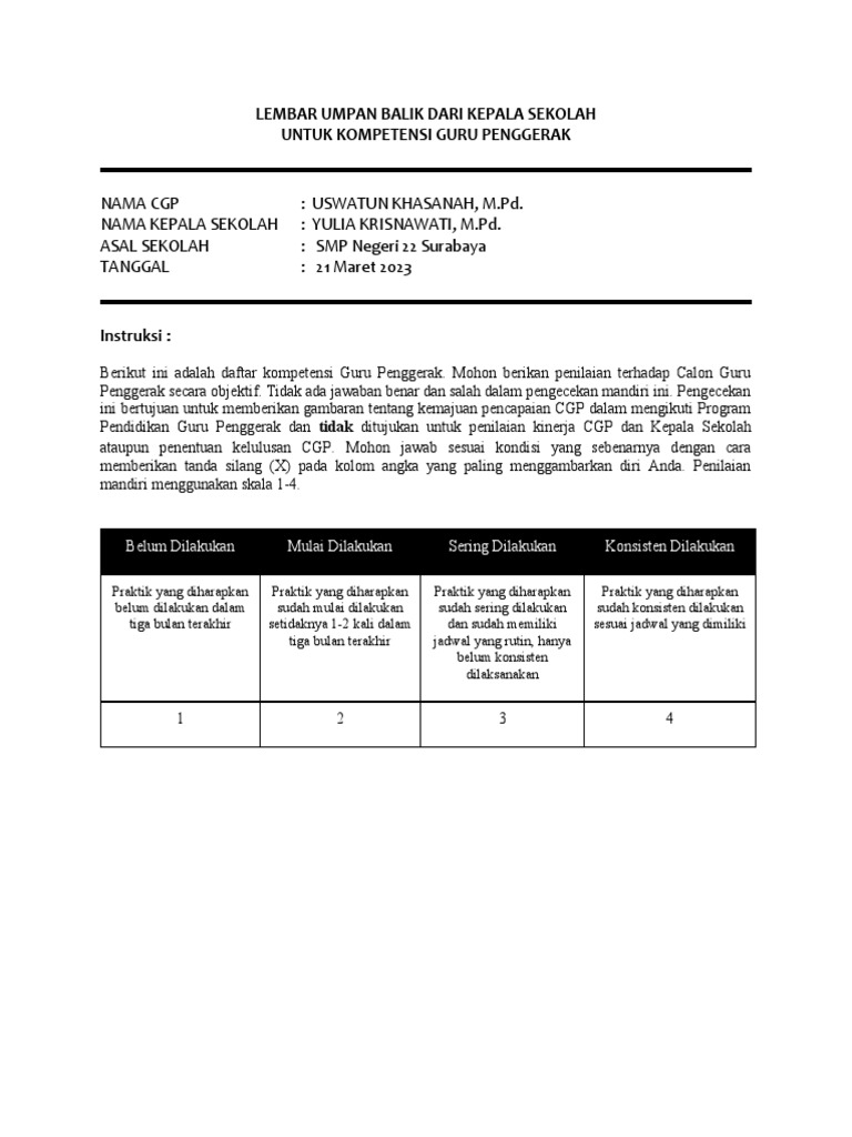 Lembar Umpan Balik Dari Kepala Sekolah | PDF Lembar Umpan Balik Dari Kepala Sekolah | PDF