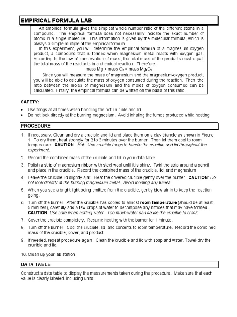 Chemistry Lab: Empirical Formulas | PDF | Science & Mathematics ...