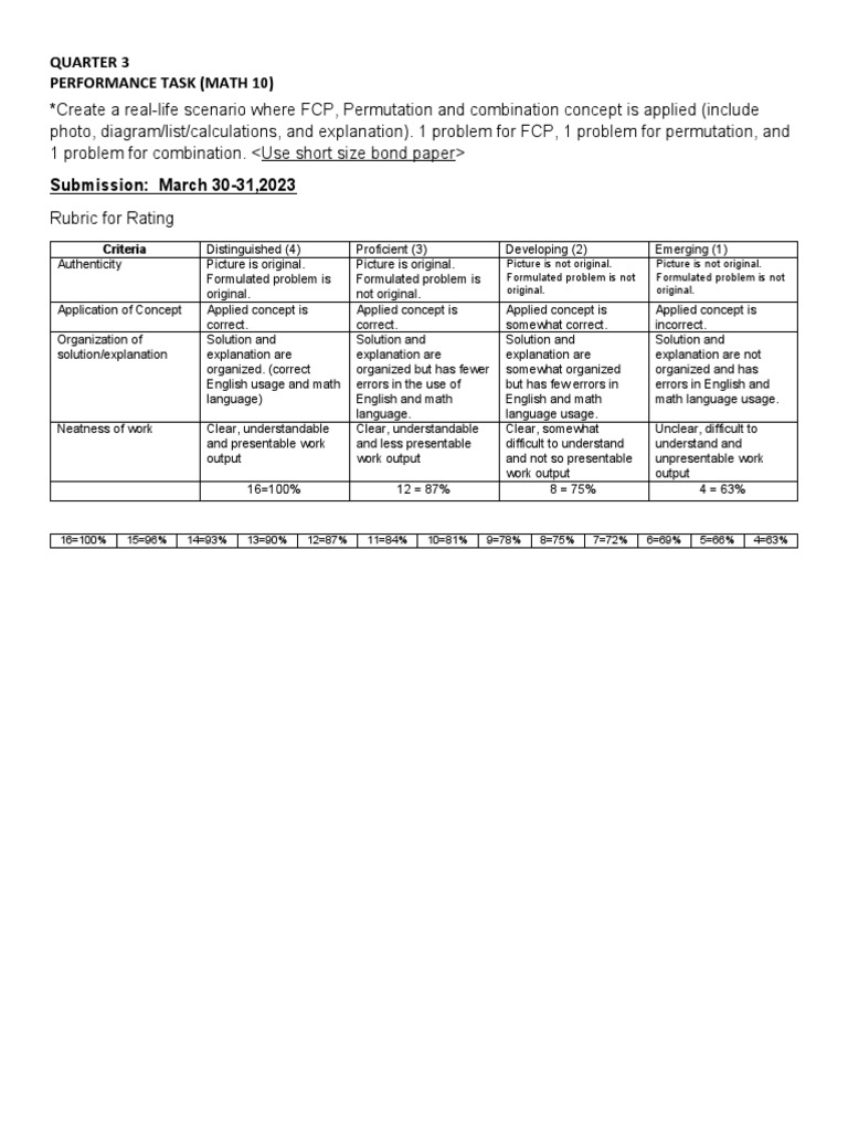 Quarter 3 Performance Task (Math 10) : Criteria | PDF