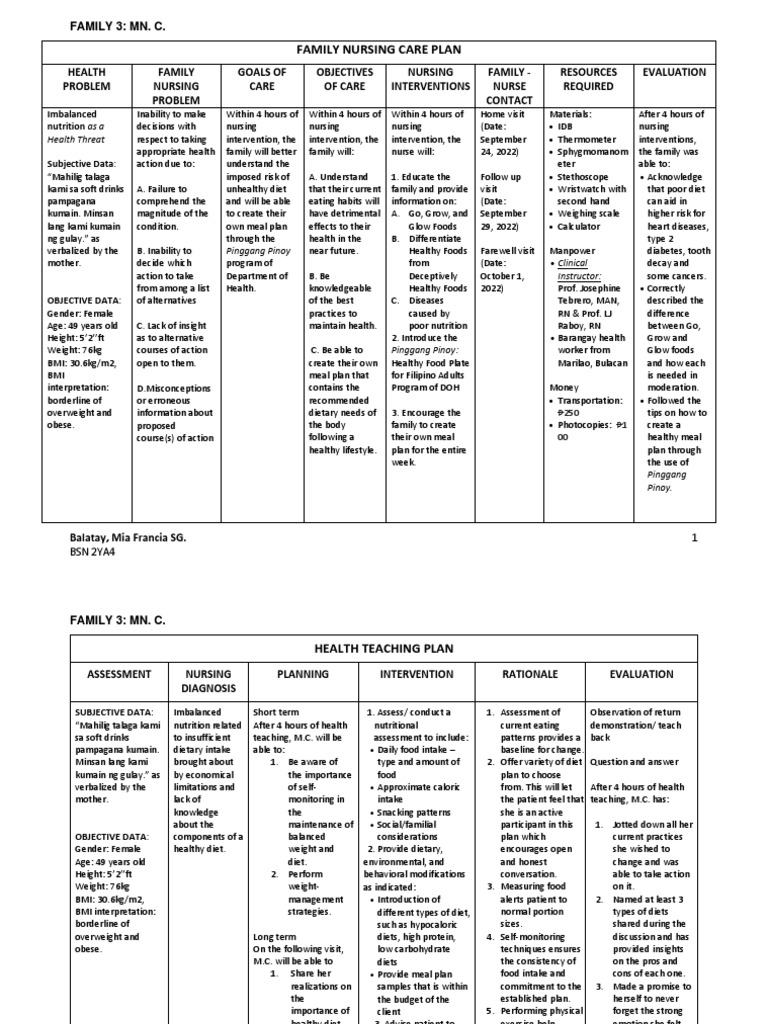 Family Nursing Care Plan: Nutrition Imbalance | PDF | Obesity | Dieting