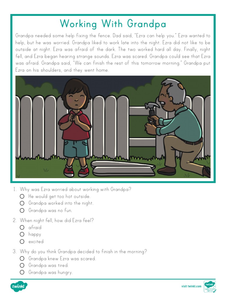 First Grade Working With Grandpa Reading Passage Comprehension Activity ...