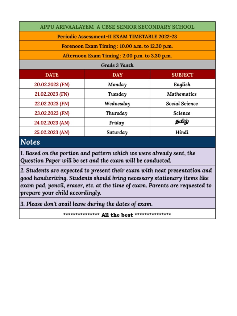 Grade-3 PA-2 Exam Timetable & Portion & Pattern | PDF
