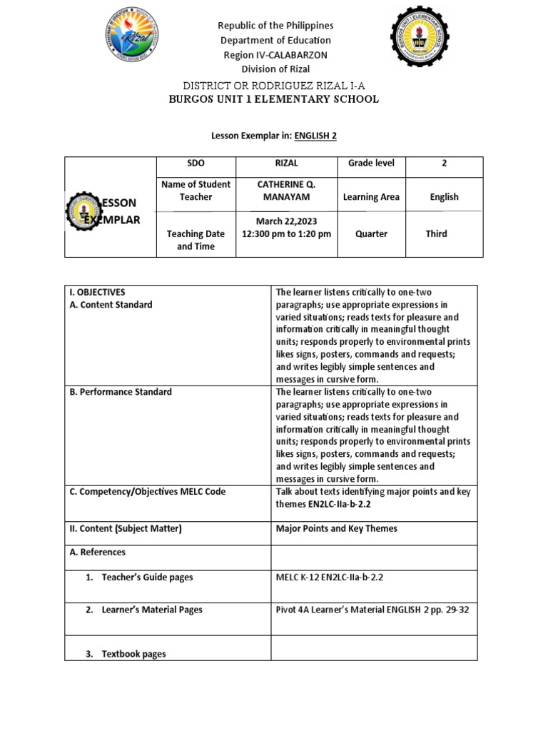 Lesson Exemplar: Burgos Unit 1 Elementary School | PDF