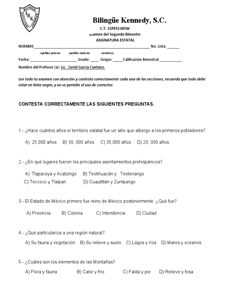 Examen Segundo Bimestre Asignatura Estatal Pdf México Ciencias De
