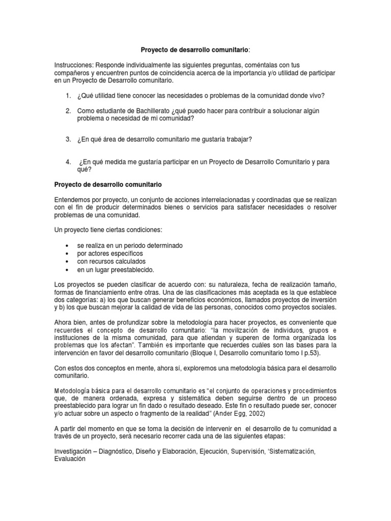 Proyecto de Desarrollo Comunitario | PDF