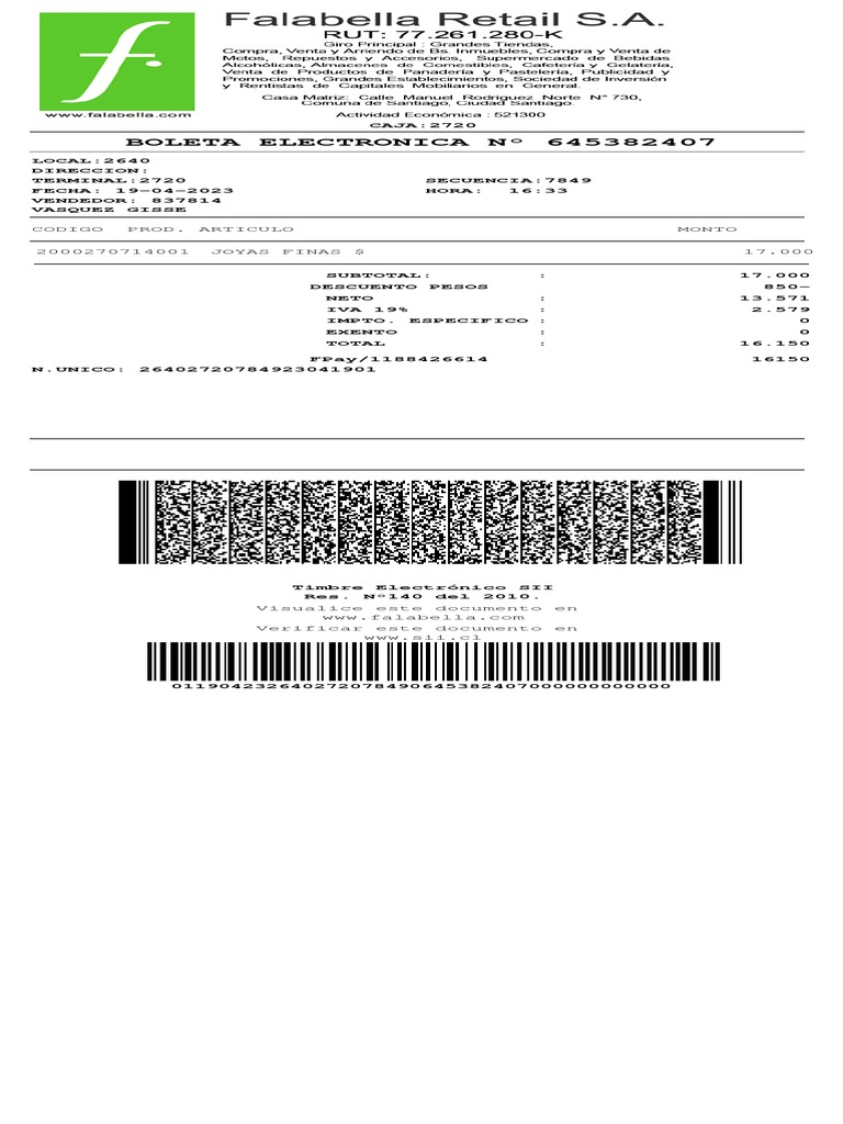 Boleta Electronica #645382407: Monto Articulo Codigo Prod | PDF