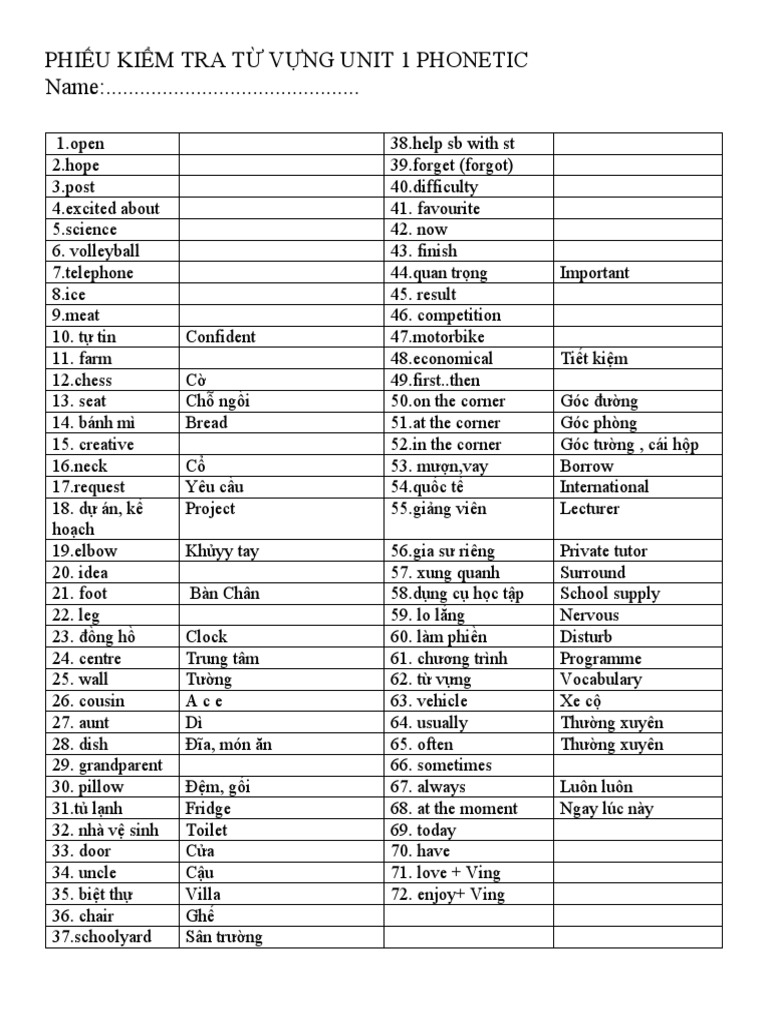 Phiếu Kiểm Tra Từ Vựng 2 Unit 1 Bee 6 | PDF