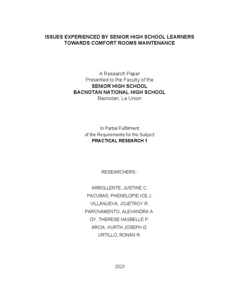 Issues Experienced by Senior High School Learners Towards Comfort Rooms ...