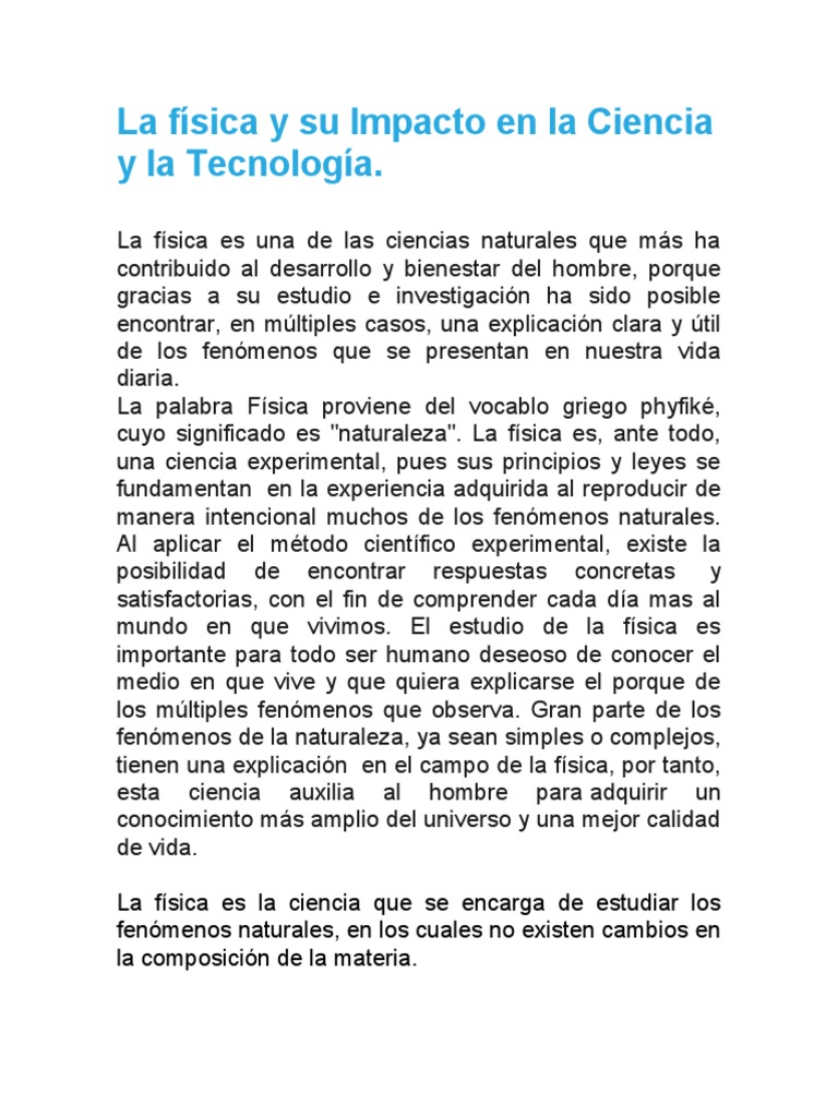 La Física y Su Impacto en La Ciencia y La Tecnología | PDF
