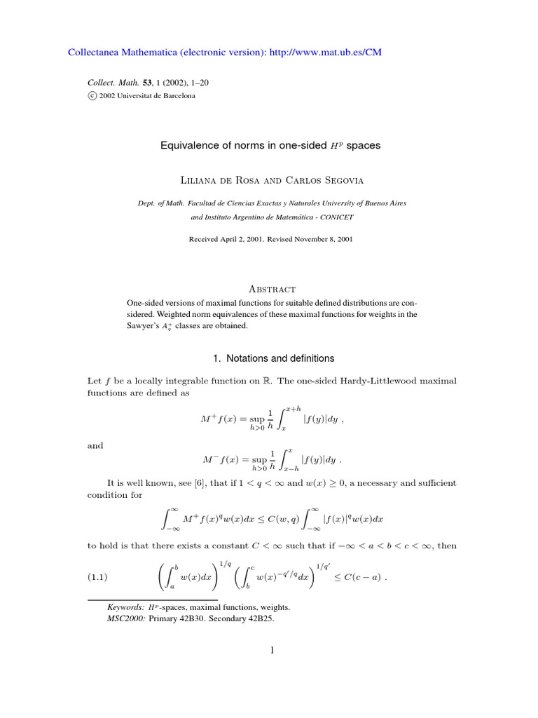 Equivalence of Norms in One-Sided Spaces: Collectanea Mathematica (Electronic Version) : HTTP ...