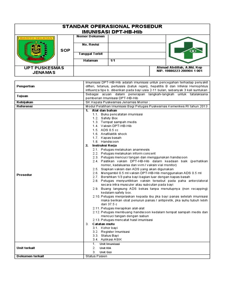 Sop Imunisasi DPT HB Hib | PDF