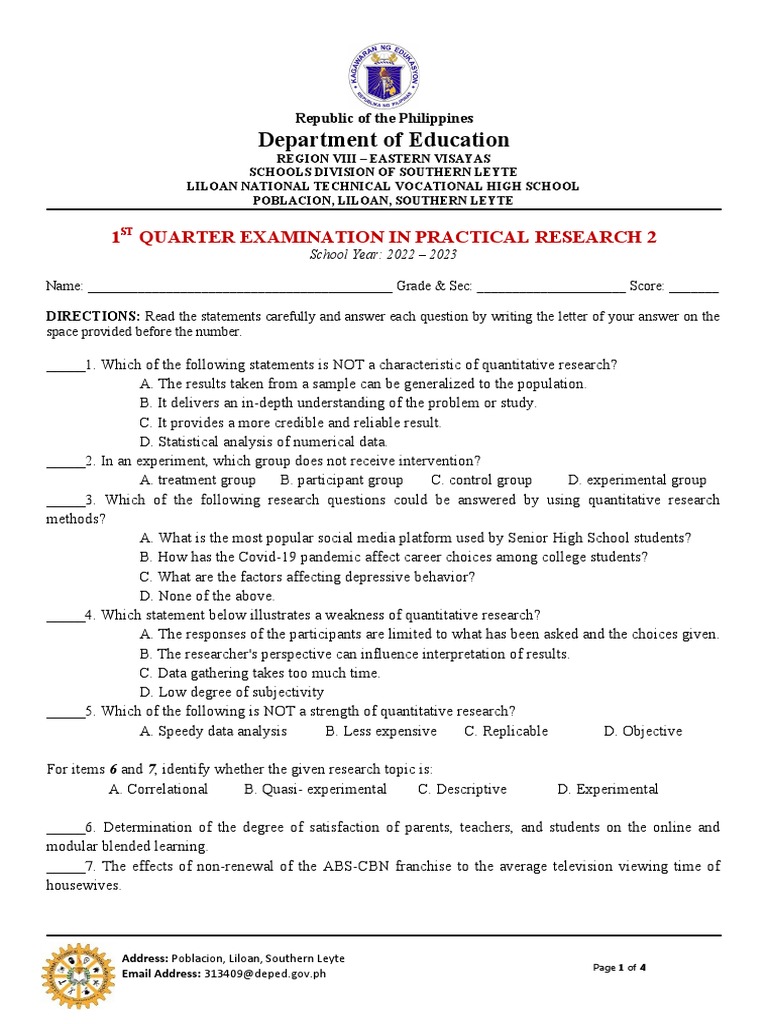 PRACTICAL RESEARCH 2 1st Quarter Examination | PDF | Level Of ...