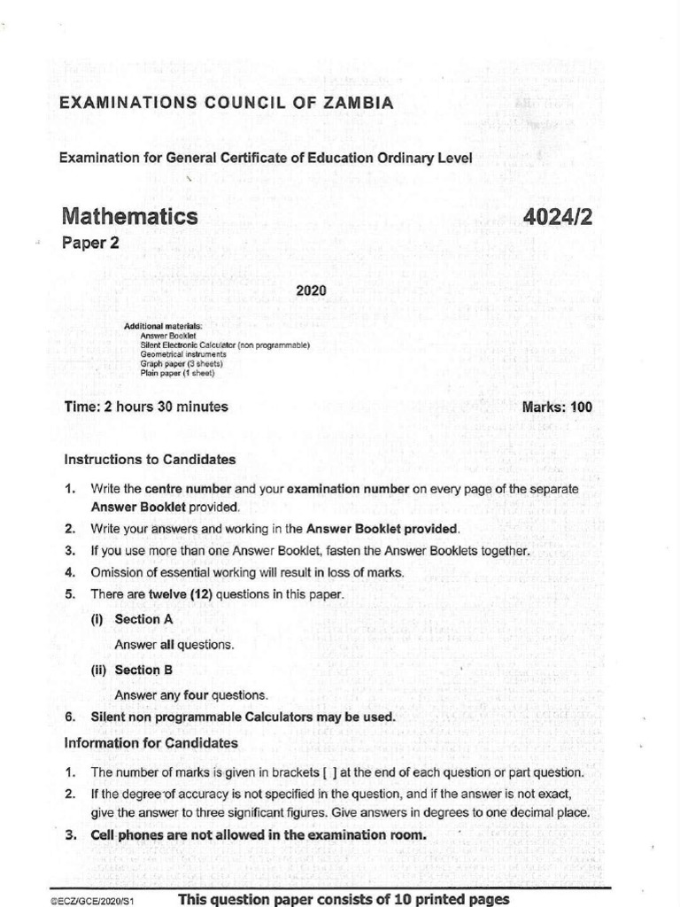 G12-Mathematics 2020 p2 Gce | PDF