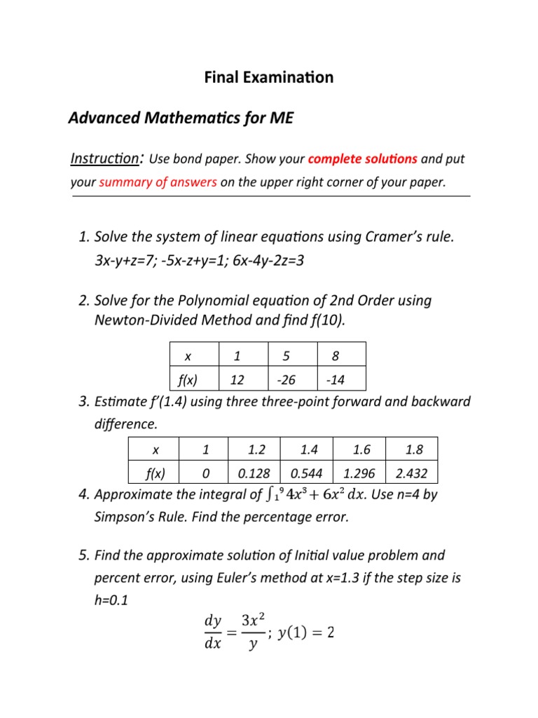 Advanced Mathematics Final Exam Solutions | PDF