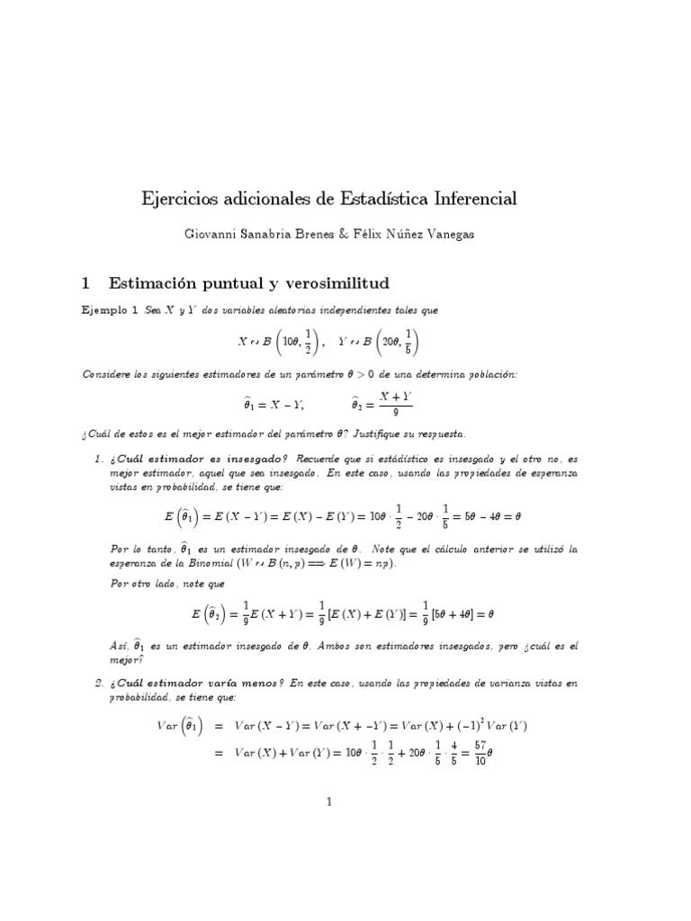 Ejercicios Adicionales de Estadística Inferencial: 1 Estimación Puntual y Verosimilitud | PDF ...