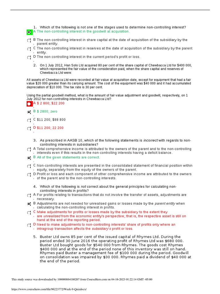 Week 9 Quiz | PDF | Dividend | Consolidation (Business)