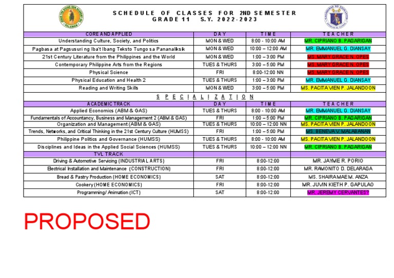 CLass Sched. G11 2ND SEM | PDF | Cognition | Science