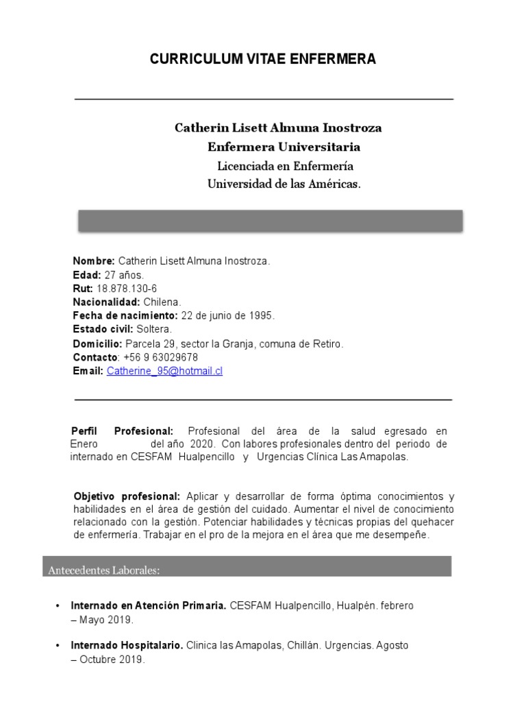 Curriculum Vitae Enfermera: Catherin Lisett Almuna Inostroza Enfermera Universitaria | PDF ...