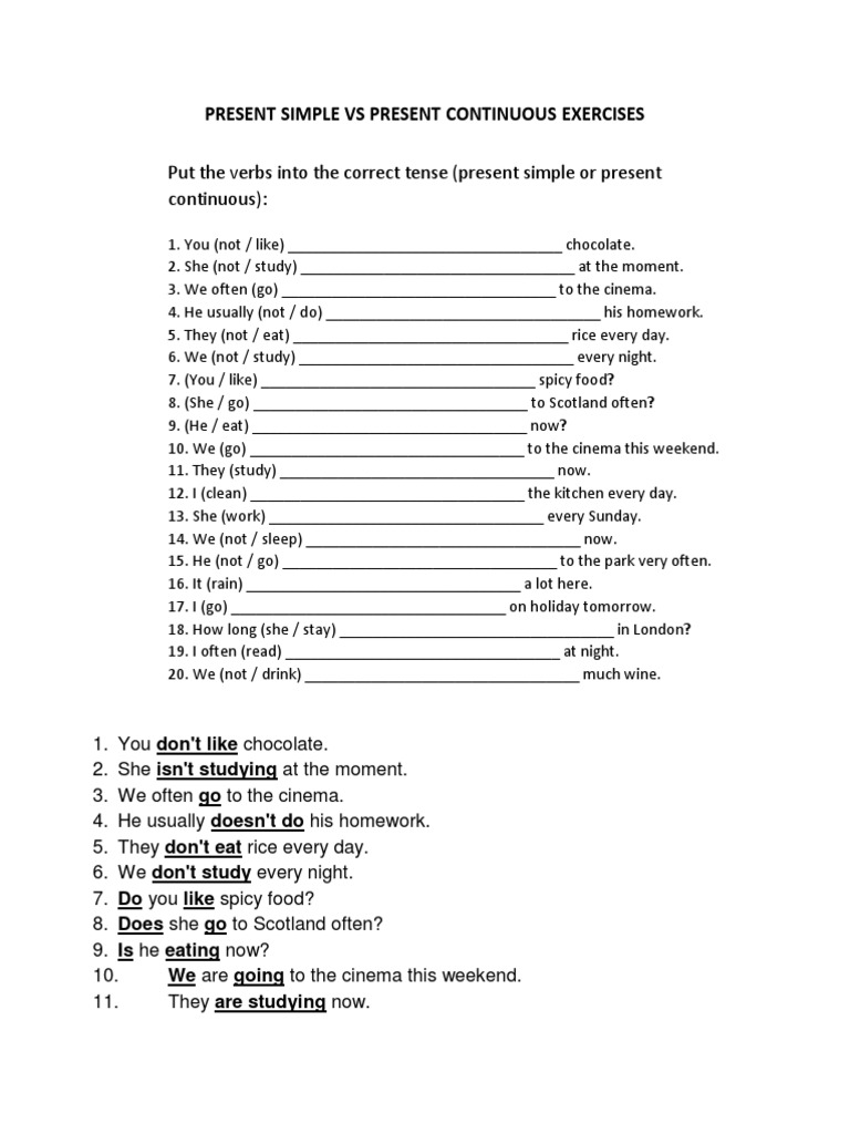 Present Simple vs Continuous Exercises | PDF