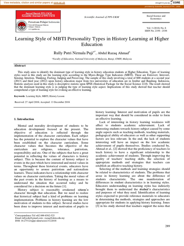 Learning Style of MBTI Personality Types in History Learning at Higher ...