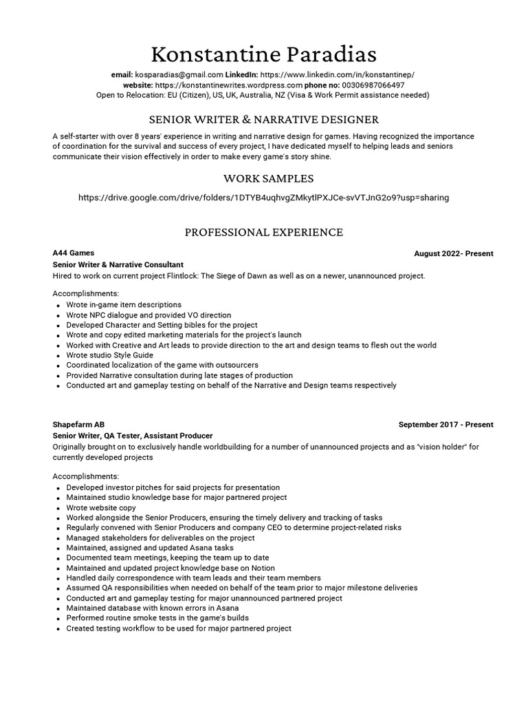 Narrative Designer Resume: Konstantine Paradias | PDF | Games ...