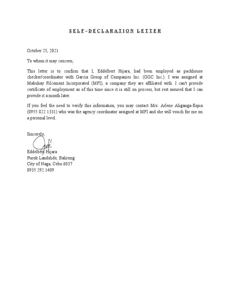 Self Declaration Letter Pdf