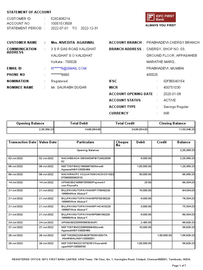 IDFCFIRSTBankstatement 10051513509 | PDF | Banks | Credit Card