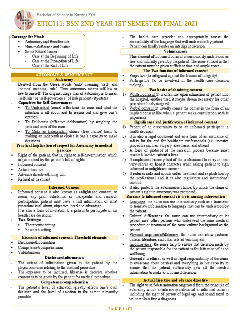 Etic111: BSN 2Nd Year 1St Semester Final 2021: Bachelor of Science in ...