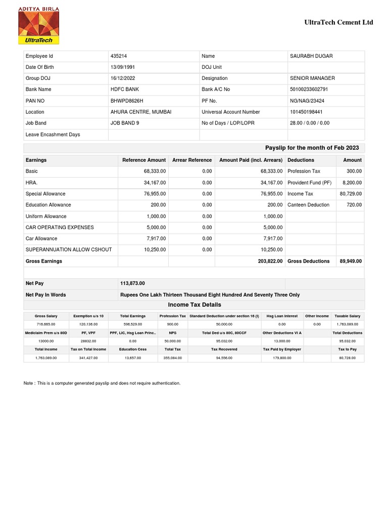 UltraTech Cement Employee Payslip | PDF | Tax Deduction | Taxes