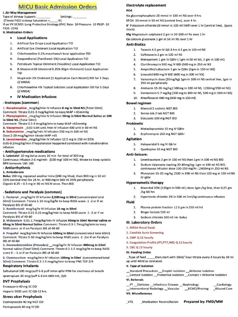 MICU Basic Orders | PDF