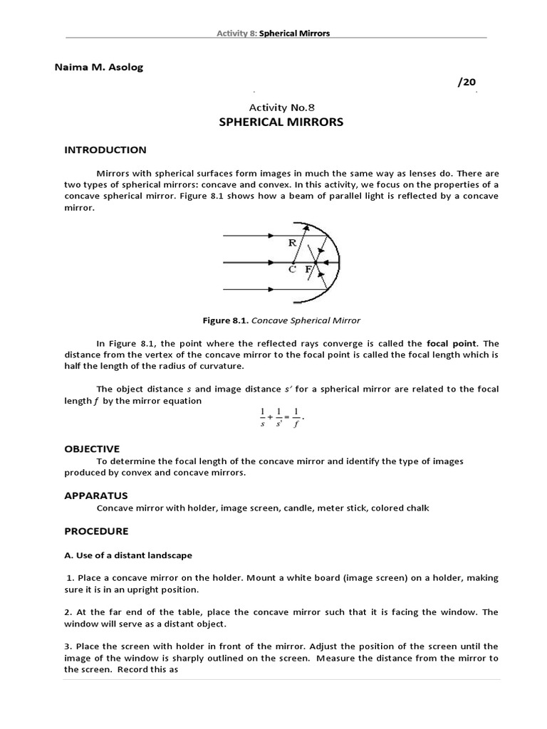 Spherical Mirrors: Naima M. Asolog /20 | PDF