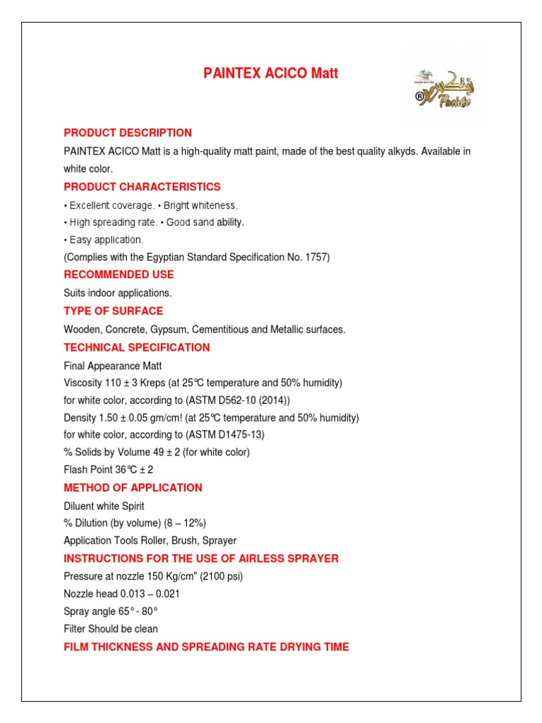 Product Description and Technical Specifications for PAINTEX ACICO Matt ...
