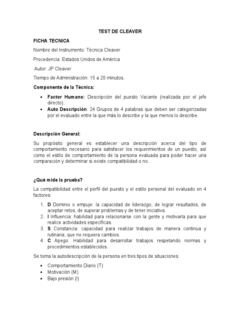 Test de Cleaver Ficha Tecnica | PDF | Crecimiento personal y profesional