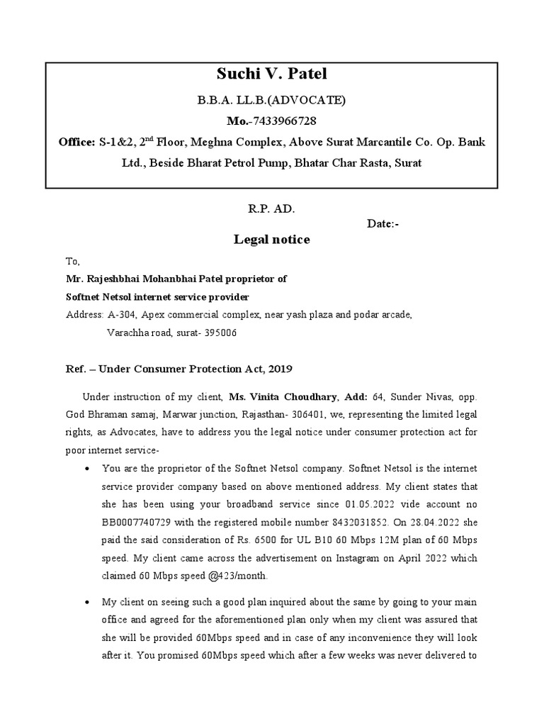 Legal Notice for Internet Service Deficiency | PDF | Justice | Crime ...