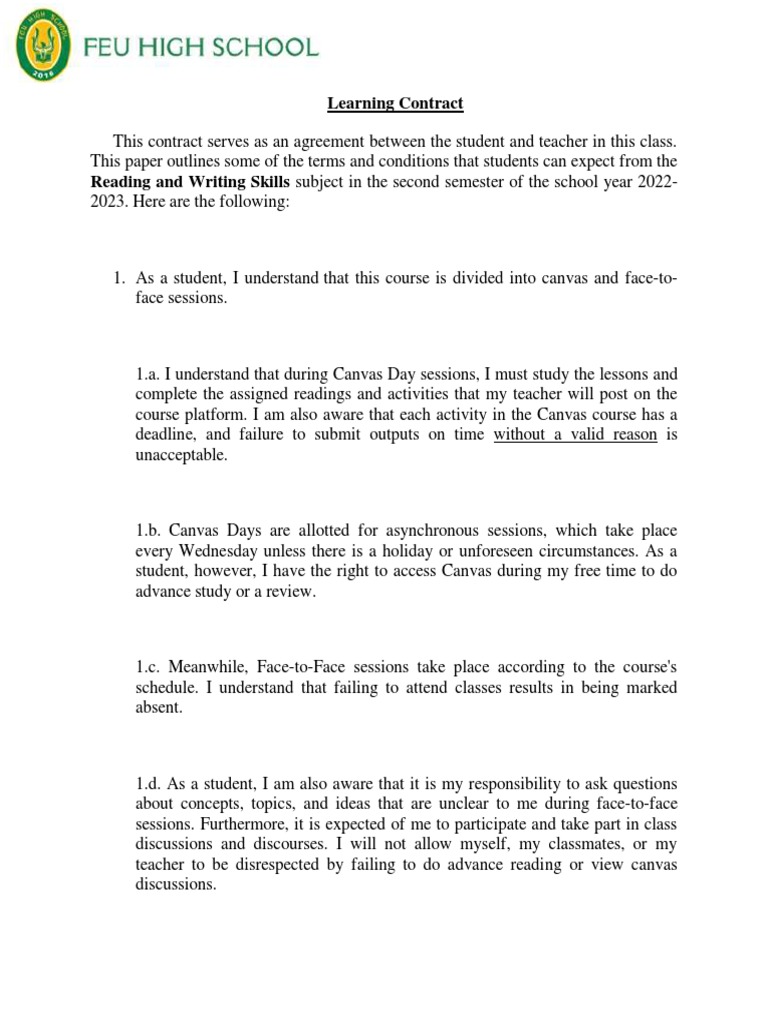 RWS - 11STEM-24 - Malay - Learning Contract | PDF | Teachers | Academic Dishonesty