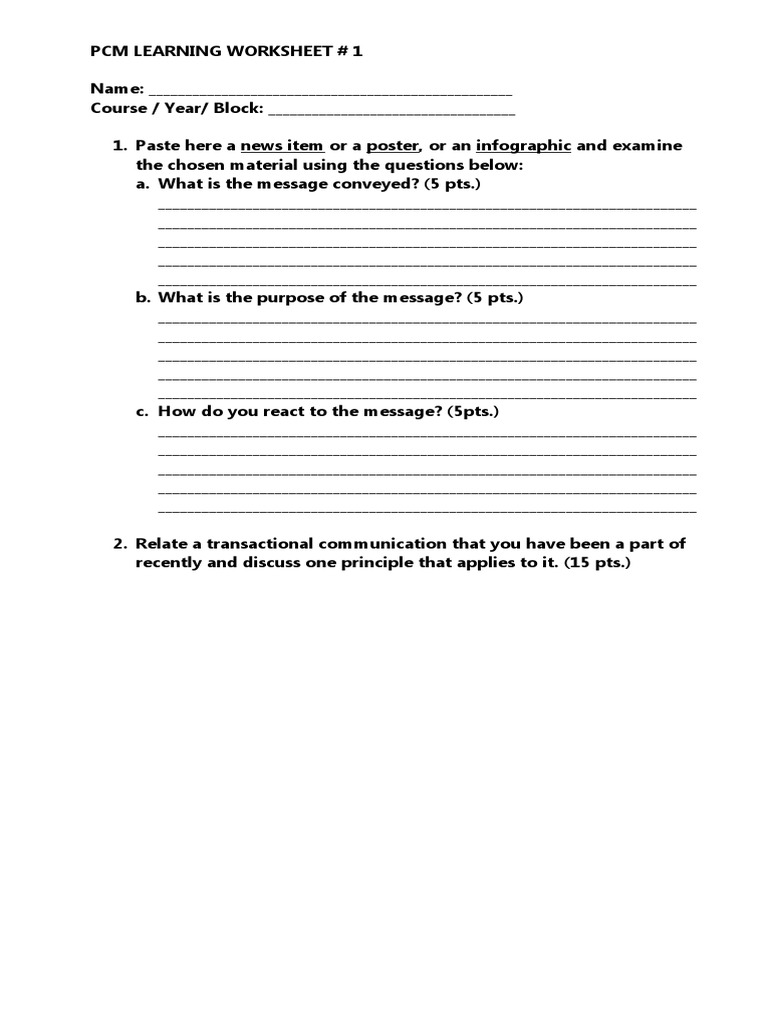 PCM - Learning Worksheet # 1 | PDF