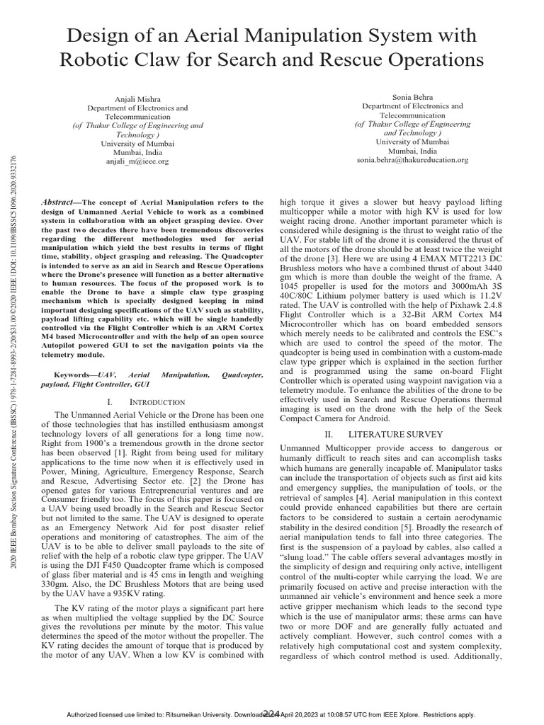 Design Of An Aerial Manipulation System With Robotic Claw For Search