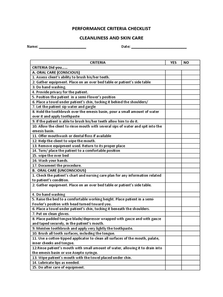 PERFORMANCE CRITERIA CHECKLIST Cleanliness and Skin Care | PDF