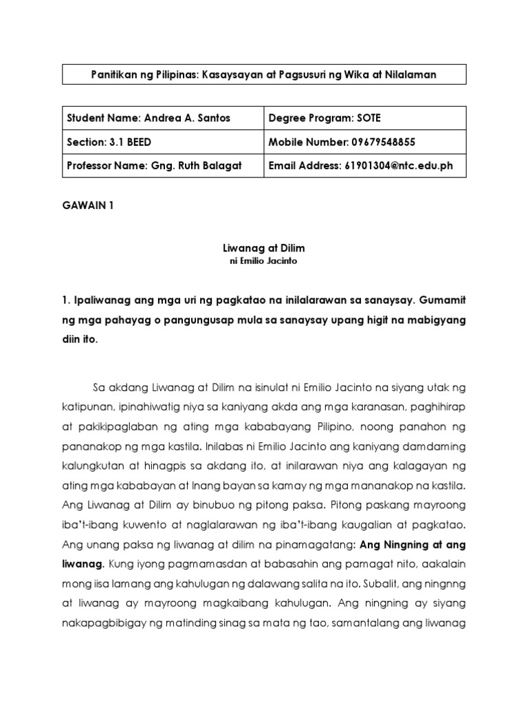 Liwanag at Dilim Reflection Paper | PDF