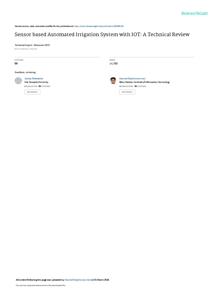 Sensor Based Automated Irrigation System With Iot A Technical Review | PDF | Automation | Irrigation
