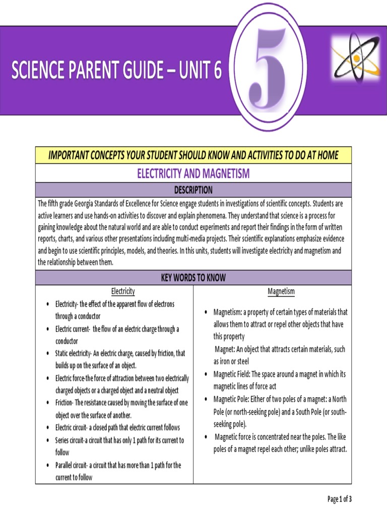 Grade 5 Unit 1 - 2 Parent Guide | PDF | Electricity | Magnetic Field