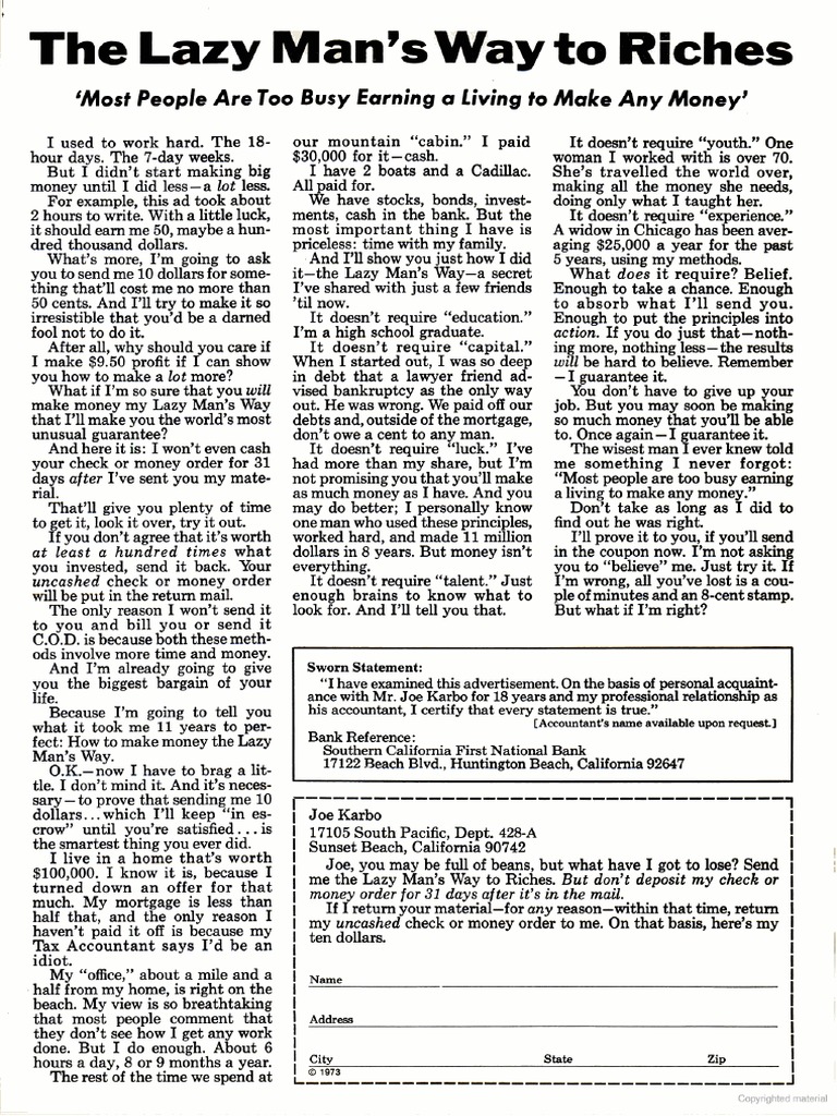 Joe Karbo Popular Science Ad June 1973 | PDF