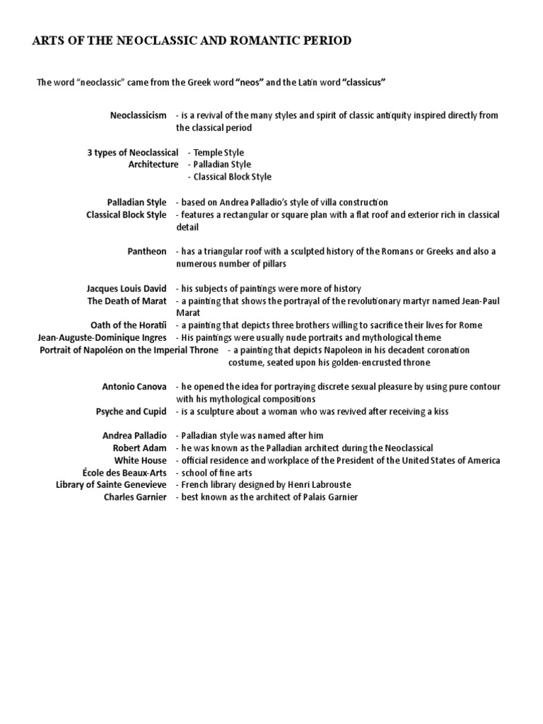 Arts of The Neoclassic and Romantic Period Reviewer | PDF